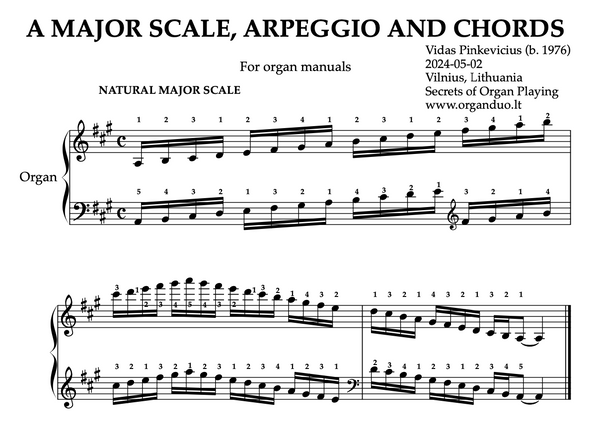 A Major Scale, Arpeggios and Chords for Organ Manuals with Fingering ...