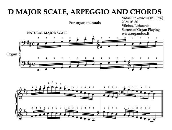 D Major Scale, Arpeggios and Chords for Organ Manuals with Fingering ...