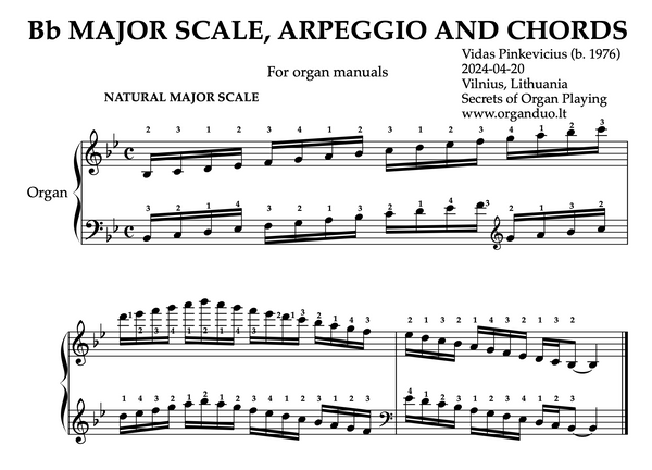 Bb Major Scale, Arpeggios and Chords for Organ Manuals with Fingering ...